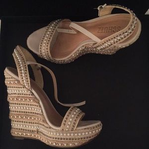 SCHUTZ Shoes | Black Leather Peep Toe Wedges | Poshmark